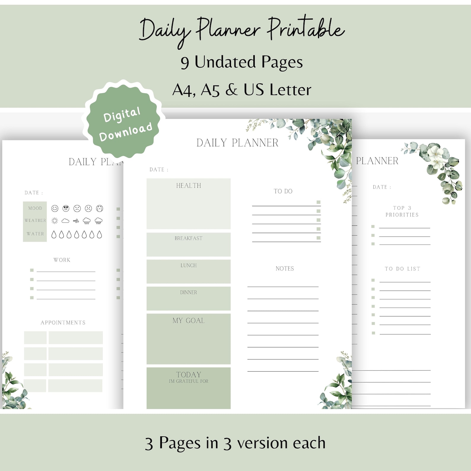 Undated Printable Planner Bundle Greenery Planner Insert, Monthly ...