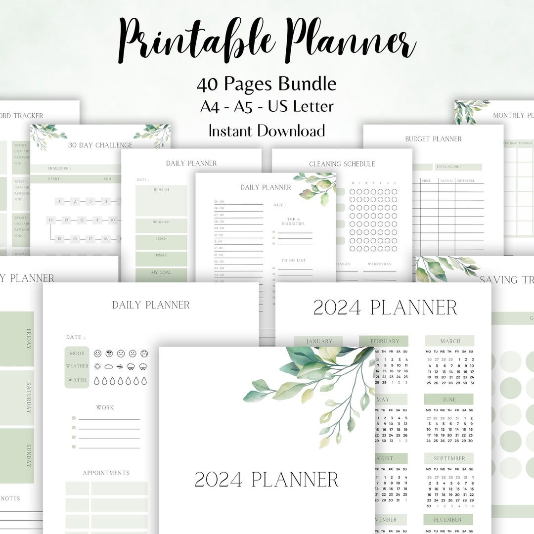 2024 Printable Planner PDF Green Leaves Dated Planner Insert, Hourly ...