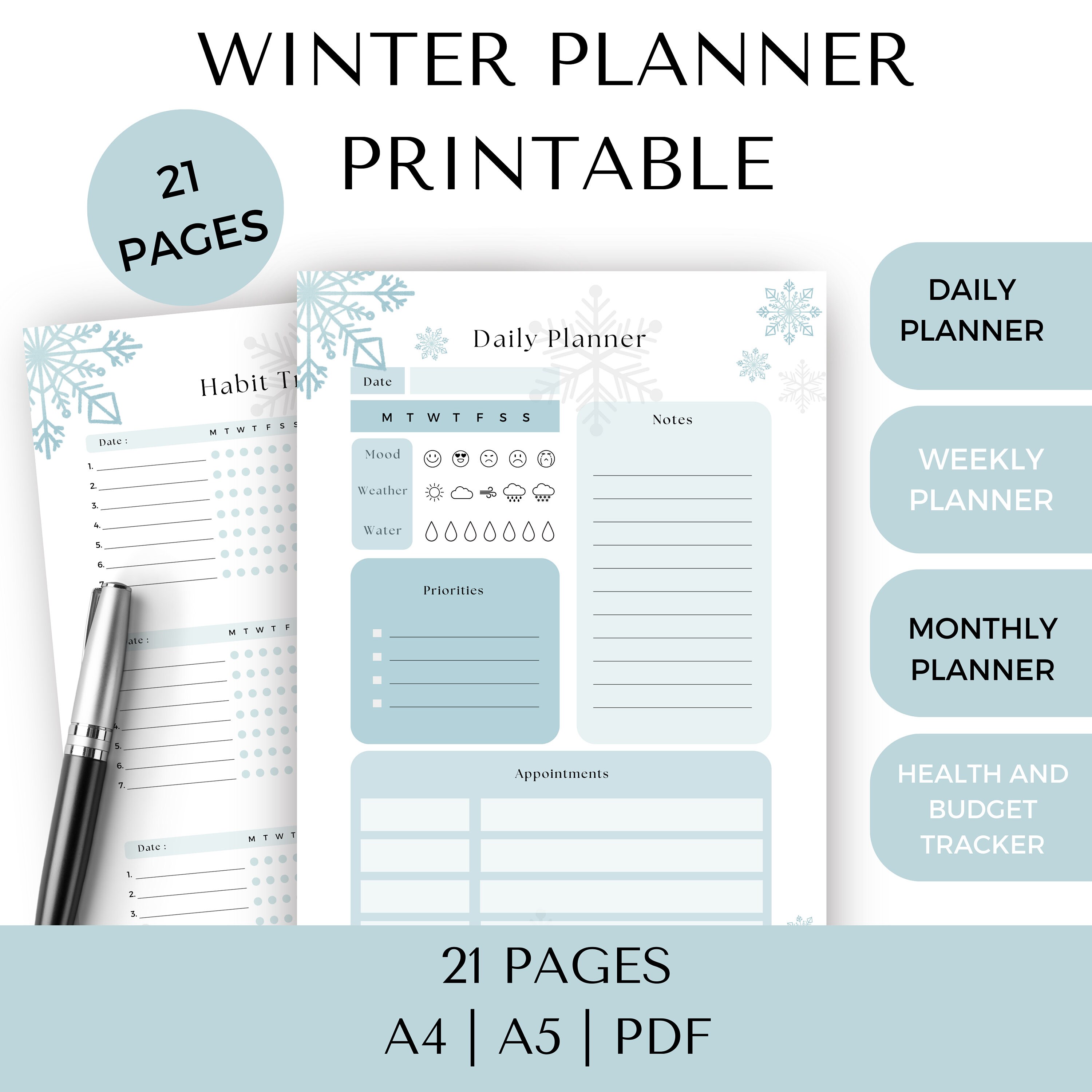 Winter Planners Printable PDF, PNG, Christmas Season Snow Flakes, Daily ...