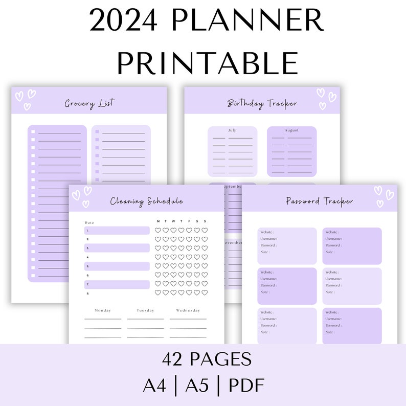 2024 Planner Printable Bundle PDF Purple Girly Planner, Daily Planner ...