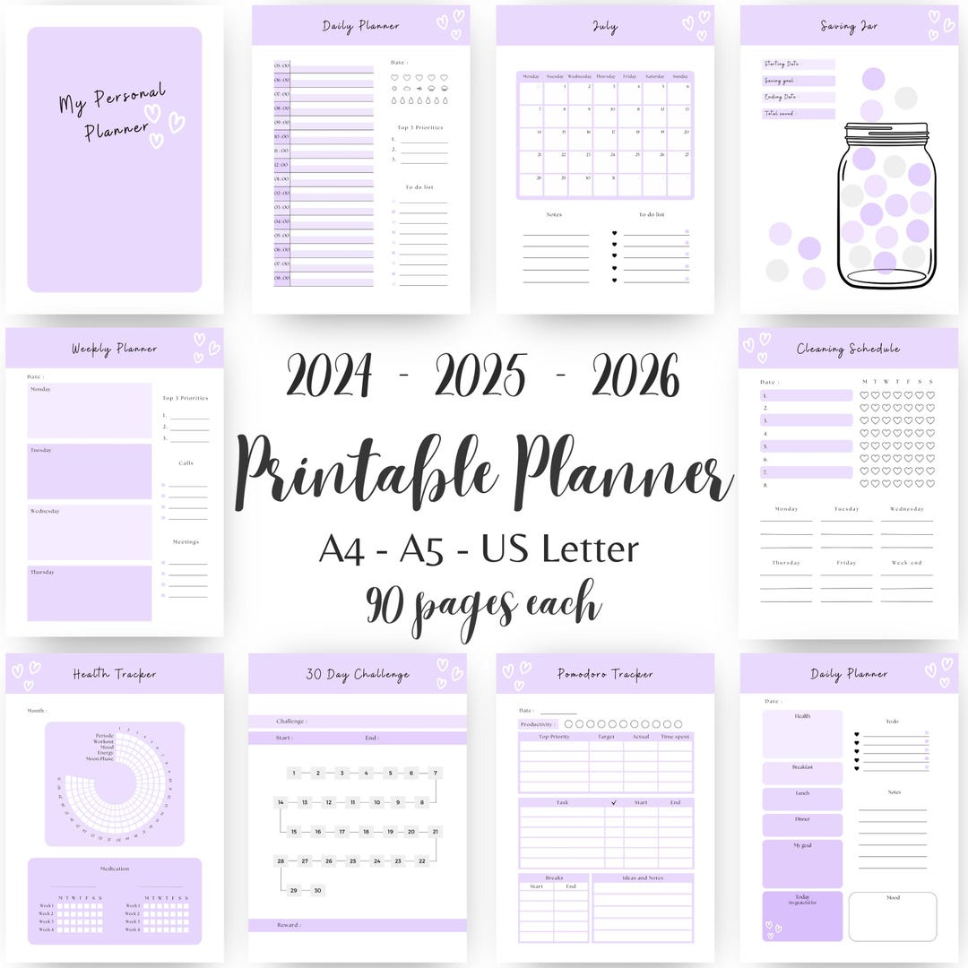 2025 2026 Planner Printable Bundle PDF Purple Girly Planner, Daily ...