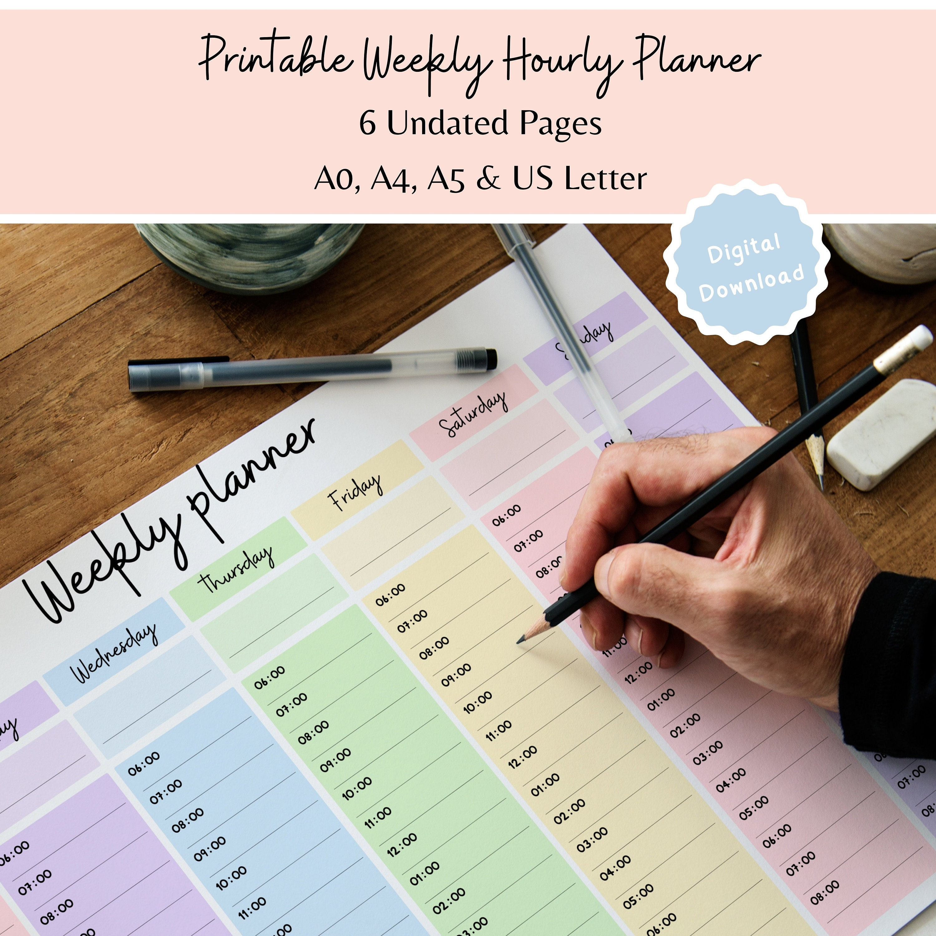 Weekly Planner Printable PDF, Hourly Schedule, Timetable, Planner ...