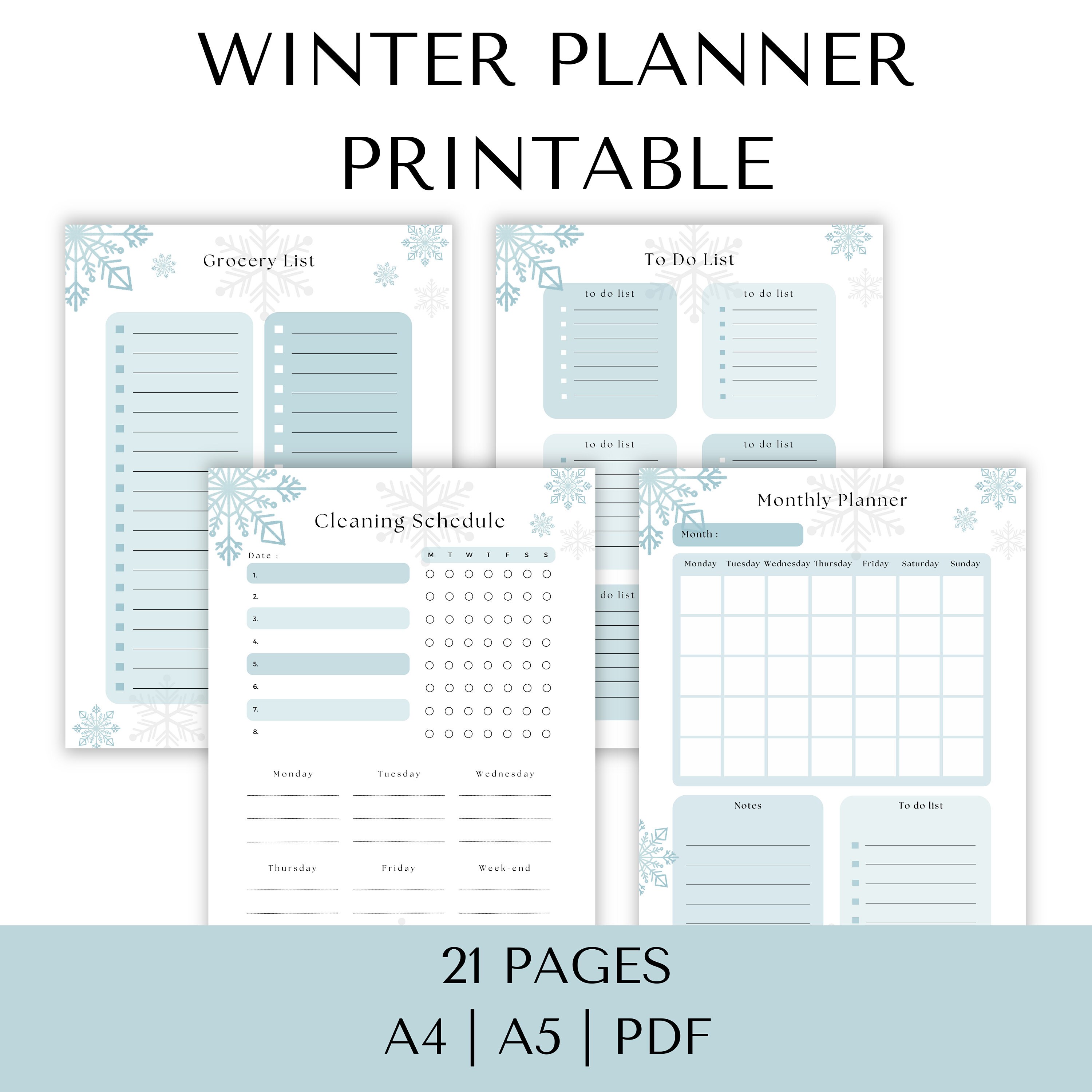 Winter Planners Printable PDF, PNG, Christmas Season Snow Flakes, Daily ...