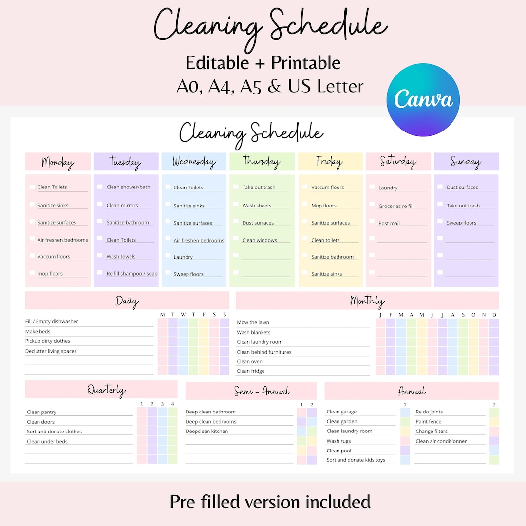 Editable Cleaning Schedule Template Printable - Canva Template ...