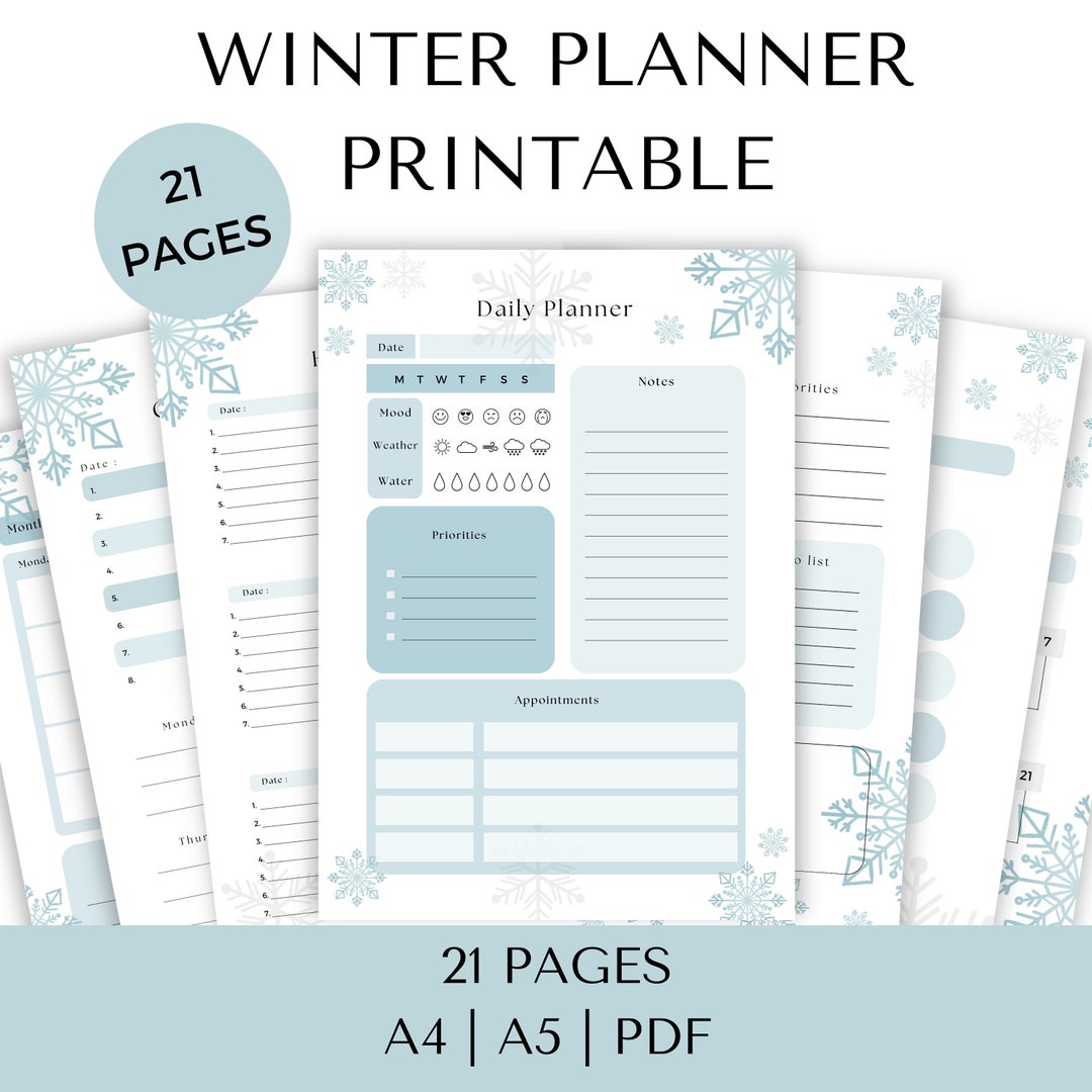 Winter Planners Printable PDF, PNG, Christmas Season Snow Flakes, Daily ...