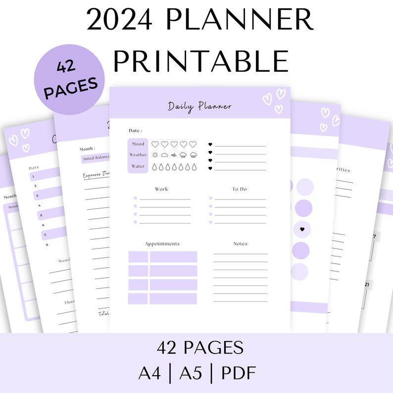 2024 Planner Printable Bundle PDF Purple Girly Planner, Daily Planner ...