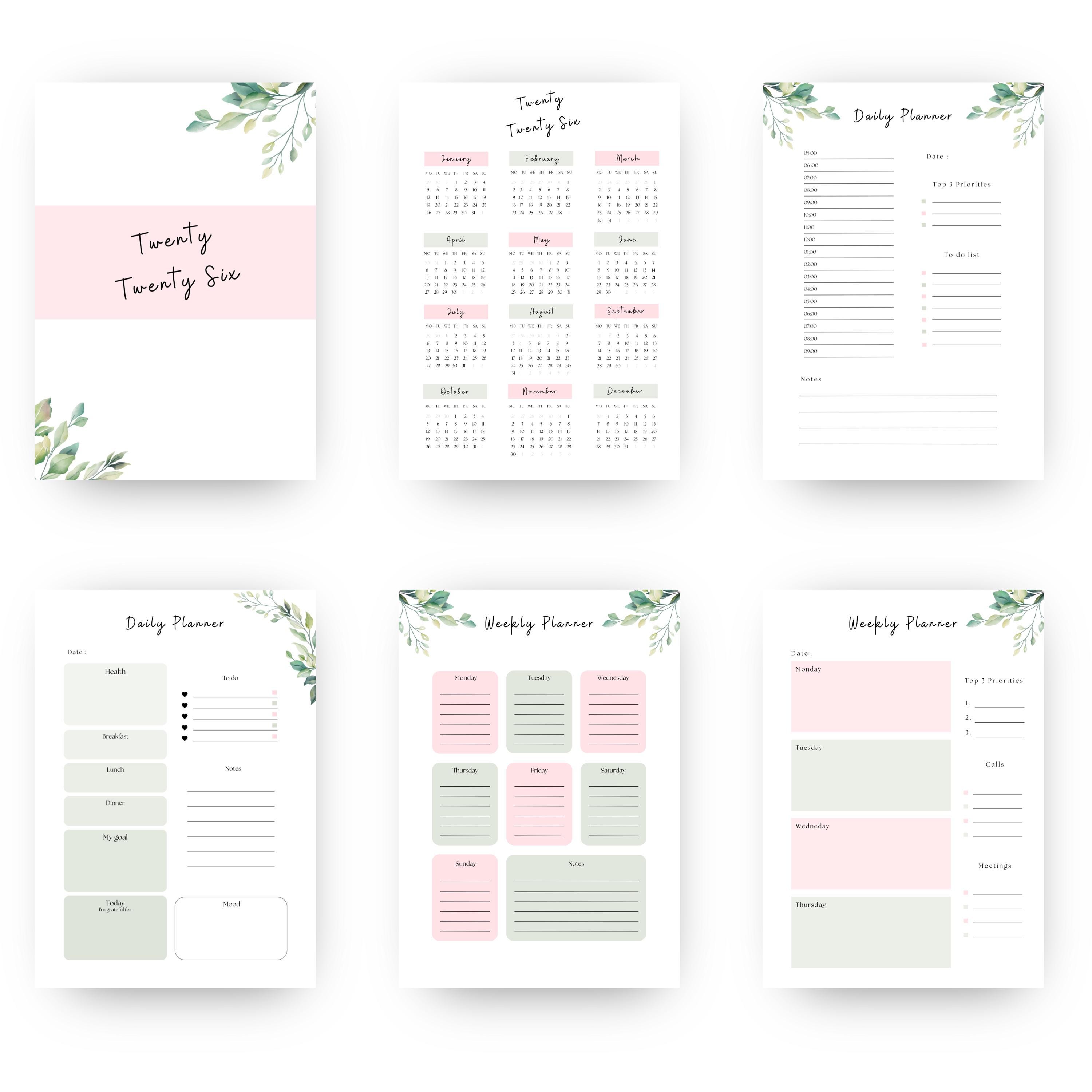 Printable Planner Bundle PDF Pink Green Leaves A5 Planner Inserts ...