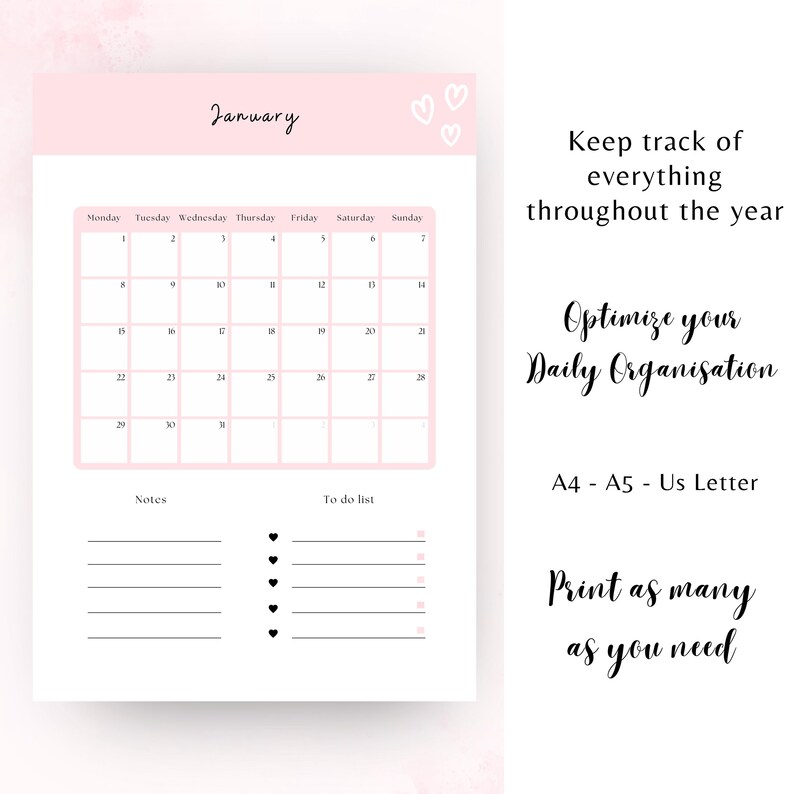 2025 Printable Planner Bundle Girly Pink Heart PDF 2026 Daily A5 ...