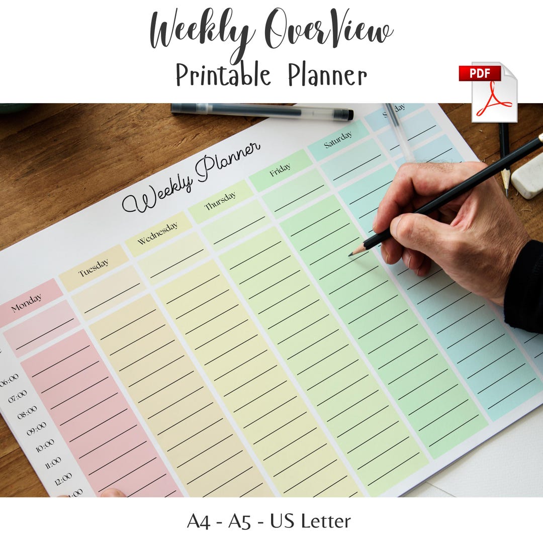 Weekly Overview Planner Printable PDF, Weekly Hourly Schedule, ADHD ...