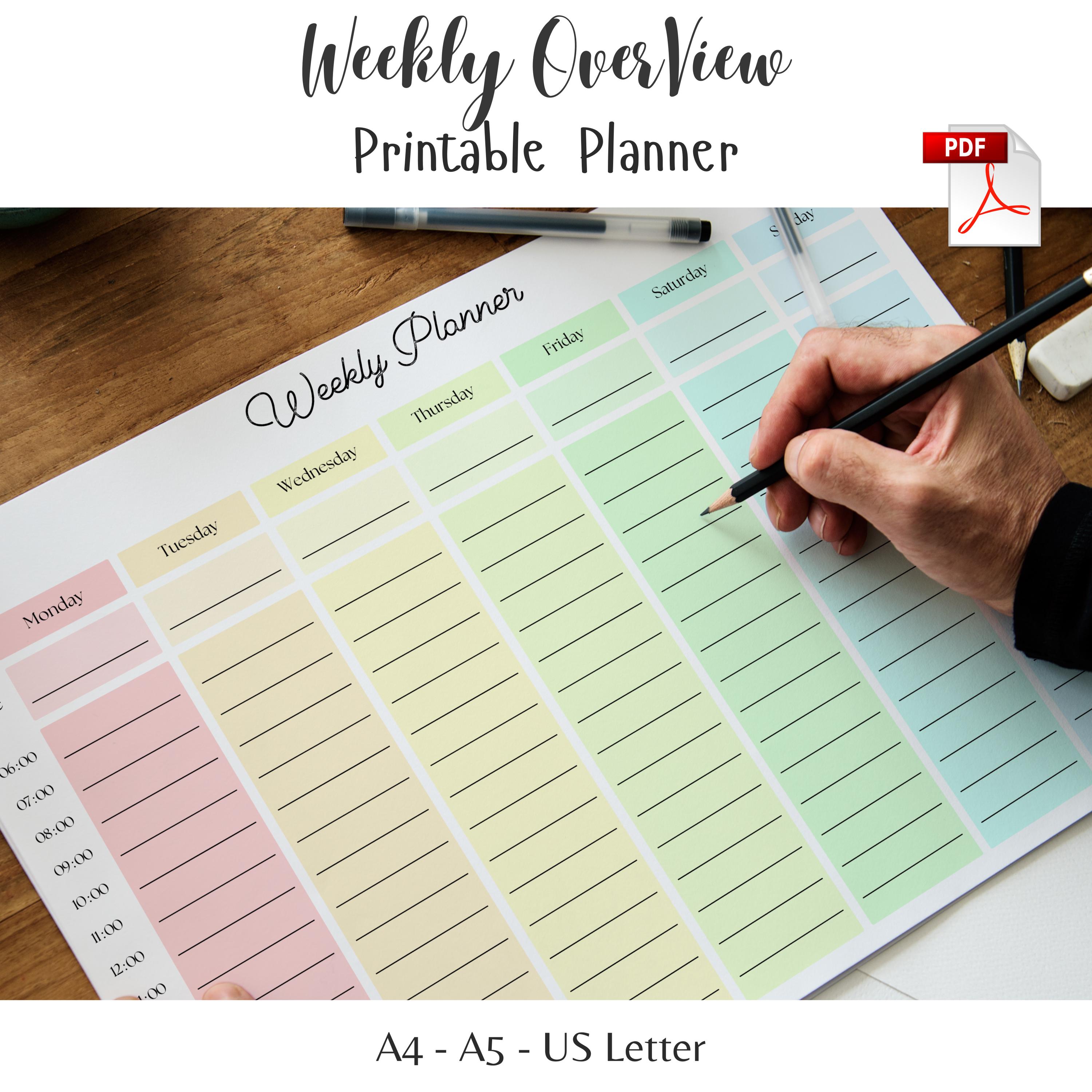 Weekly Overview Planner Printable PDF, Weekly Hourly Schedule, ADHD ...