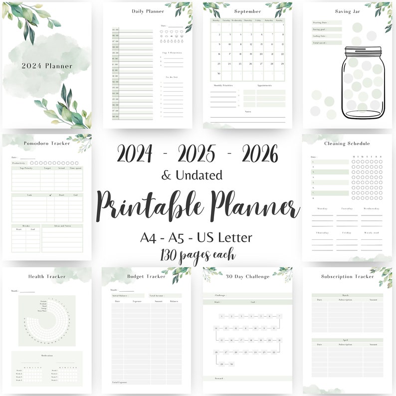 2024 2025 2026 Printable Planner Greenery Dated Undated, Green Leaves ...