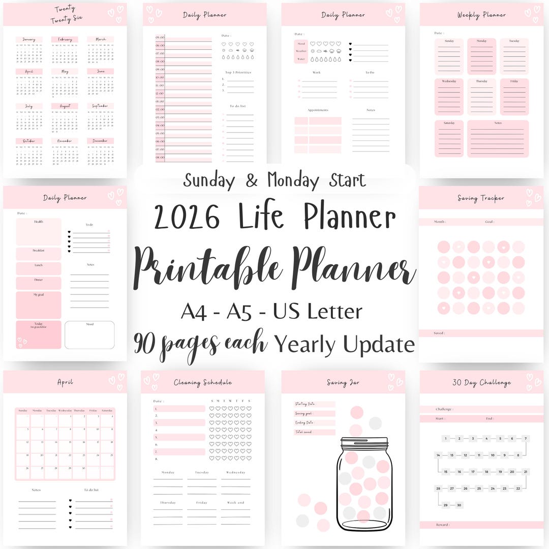 2025 Printable Planner Bundle Girly Pink Heart PDF 2026 Daily A5 ...