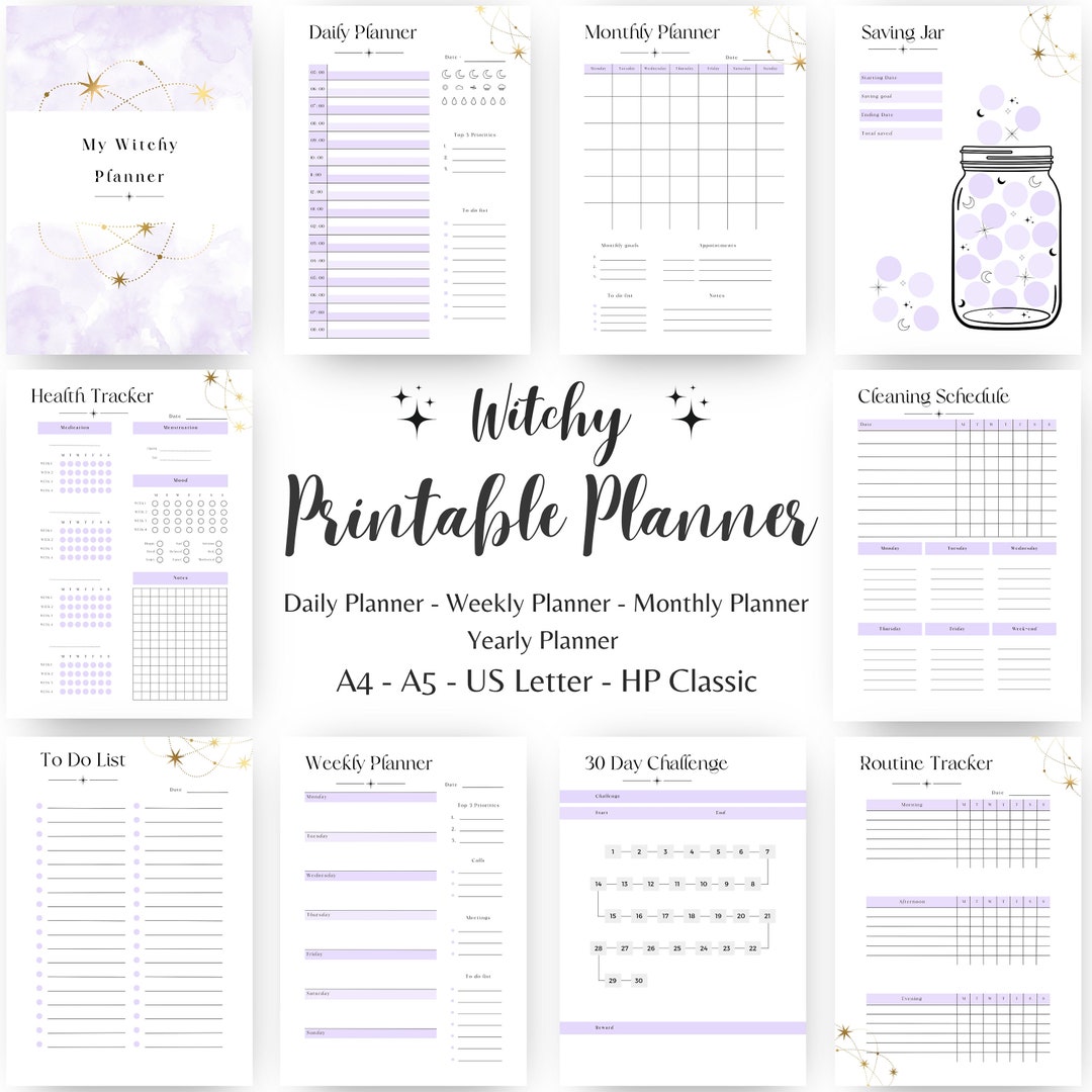 Witchy Printable Planner Bundle Purple A5 Inserts, Mystical A4 Pages ...