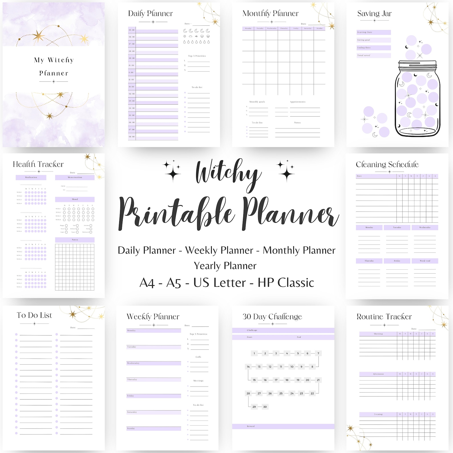 Witchy Printable Planner Bundle Purple A5 Inserts, Mystical A4 Pages ...
