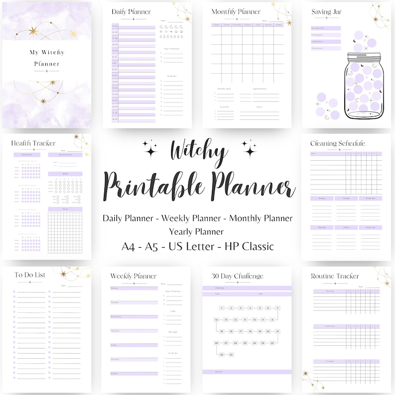 Witchy Printable Planner Bundle Purple A5 Inserts, Mystical A4 Pages ...