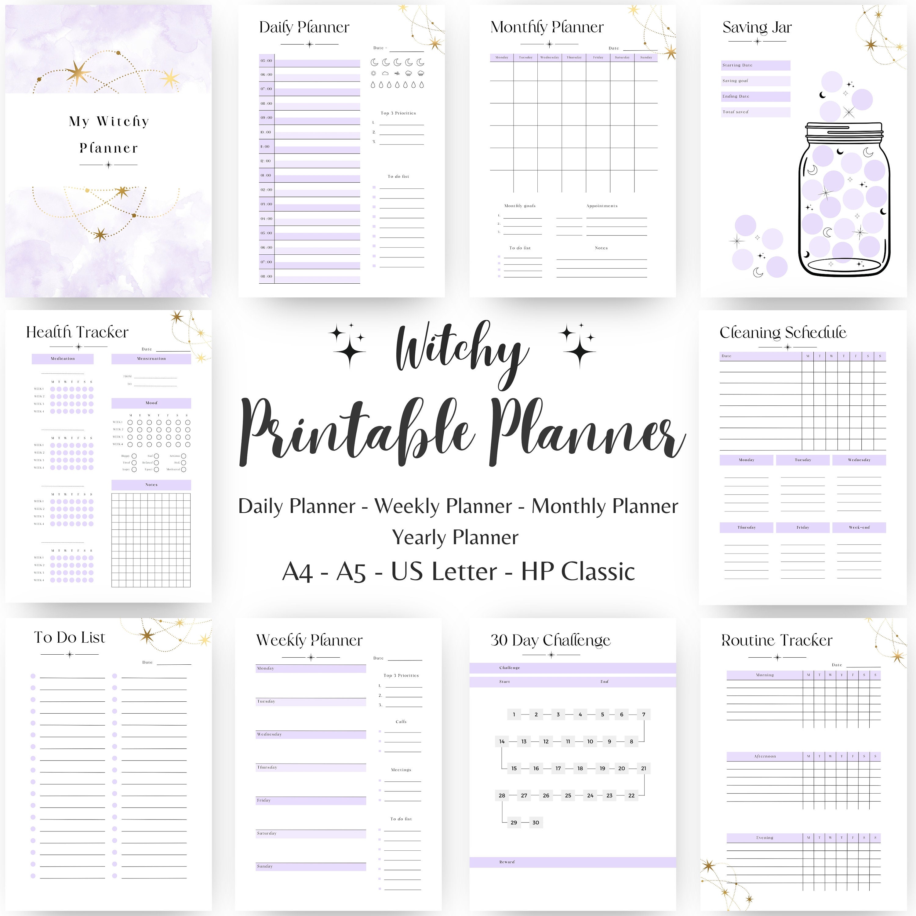 Witchy Printable Planner Bundle Purple A5 Inserts, Mystical A4 Pages ...