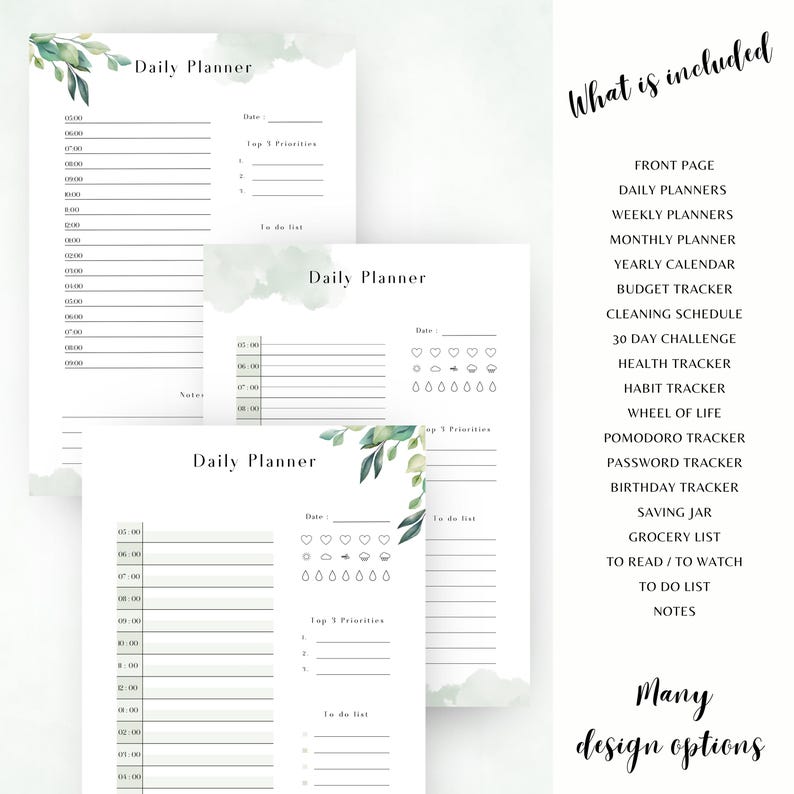 2024 2025 2026 Printable Planner Greenery Dated Undated, Green Leaves ...