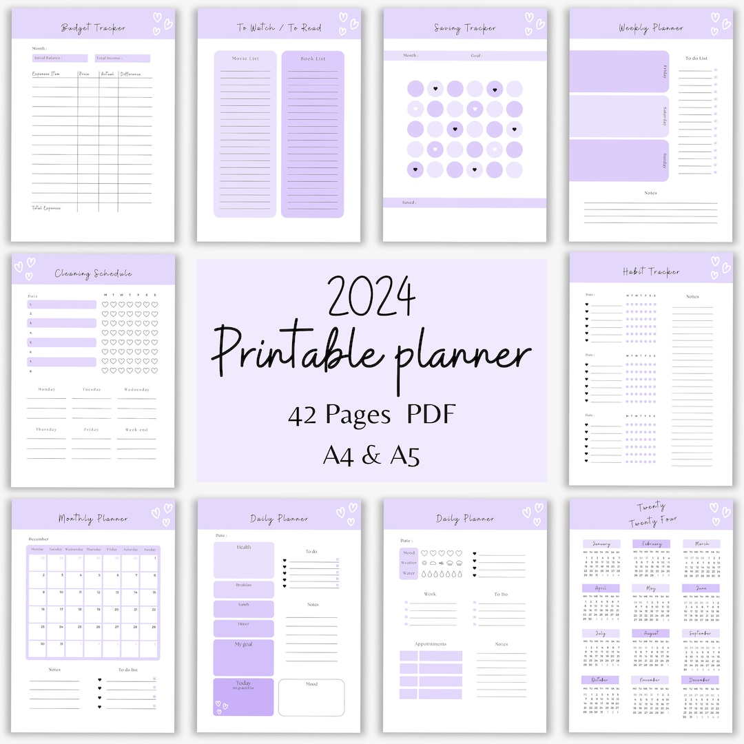 2024 Planner Printable Bundle PDF Purple Girly Planner, Daily Planner ...