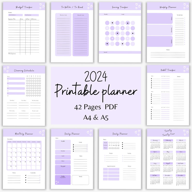 2024 Planner Printable Bundle PDF Purple Girly Planner, Daily Planner ...