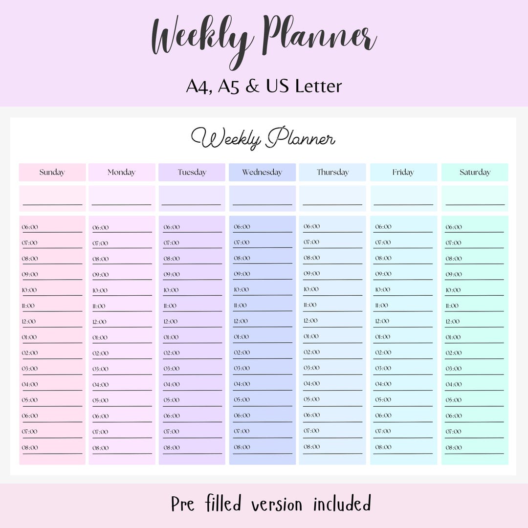 Weekly Overview Planner Printable PDF, Weekly Hourly Schedule, ADHD ...