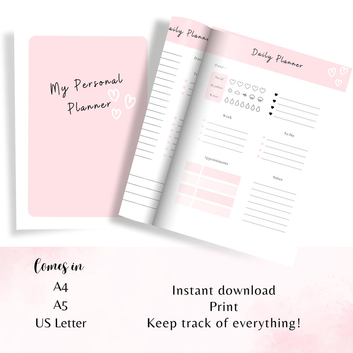 2025 Printable Planner Bundle Girly Pink Heart PDF 2026 Daily A5 ...