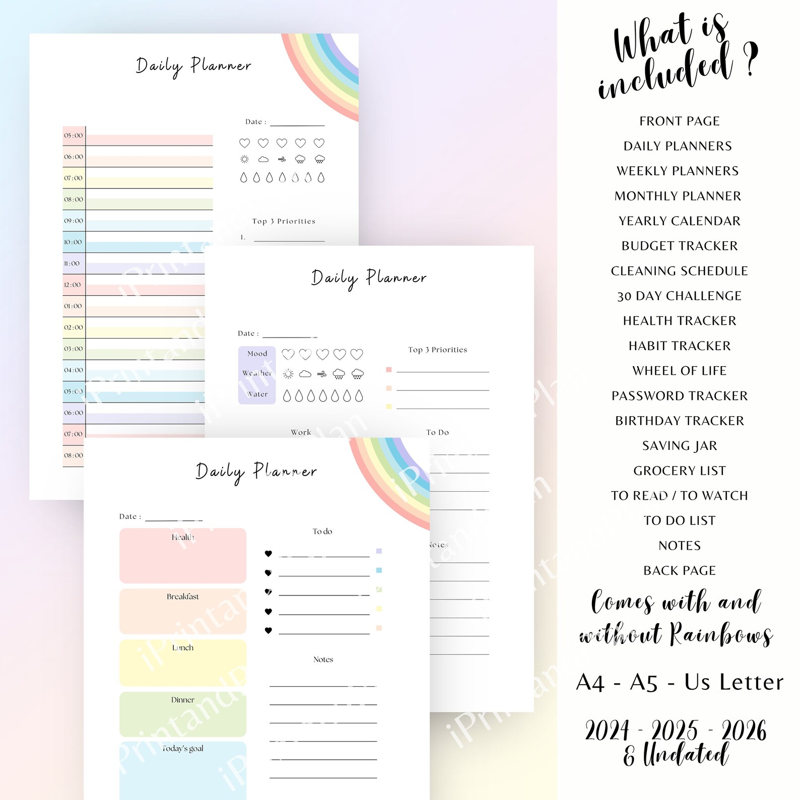 Rainbow Planner Printable 2024 2025 2026 PDF, Agenda Insert, Daily ...