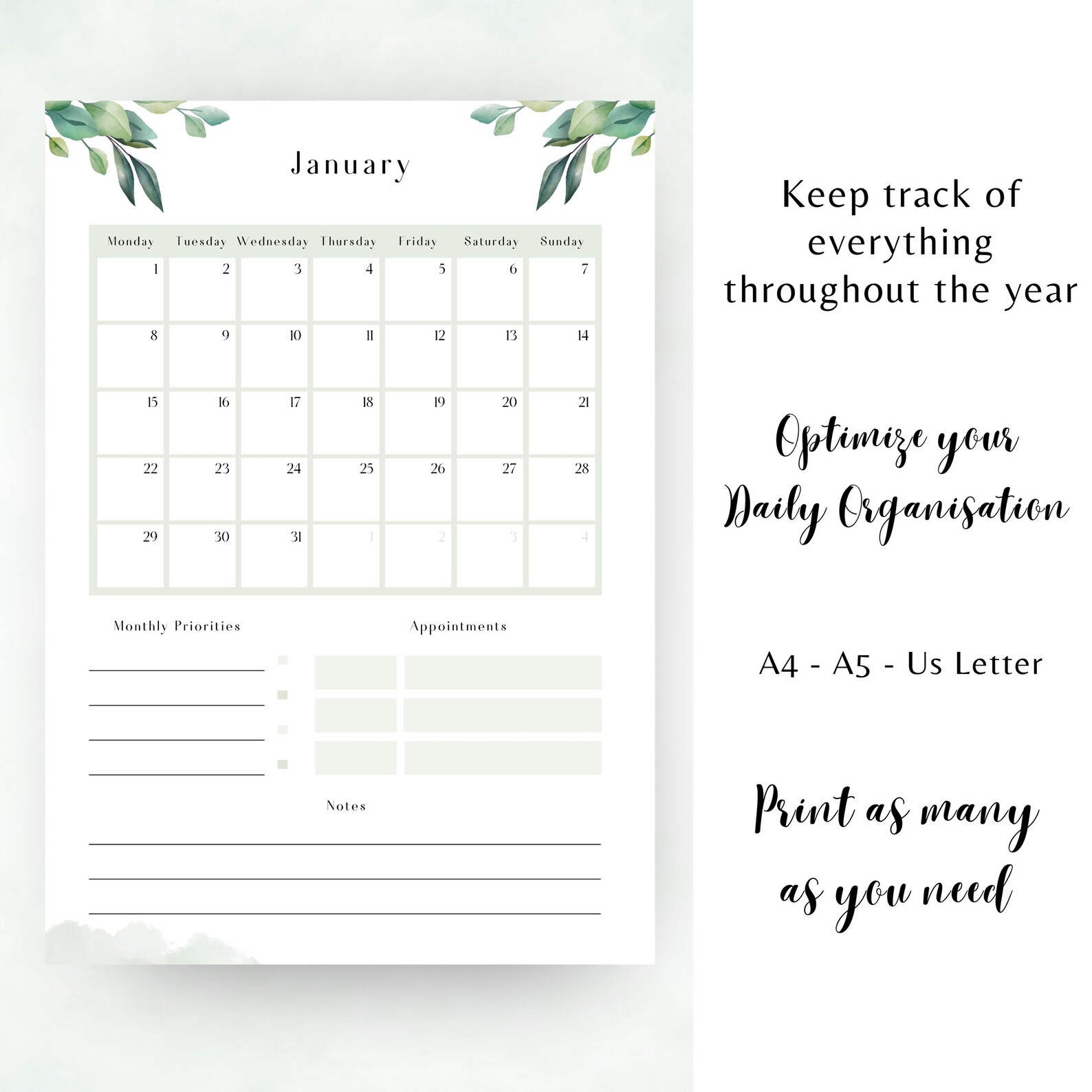 2024 2025 2026 Printable Planner Greenery Dated Undated, Green Leaves ...