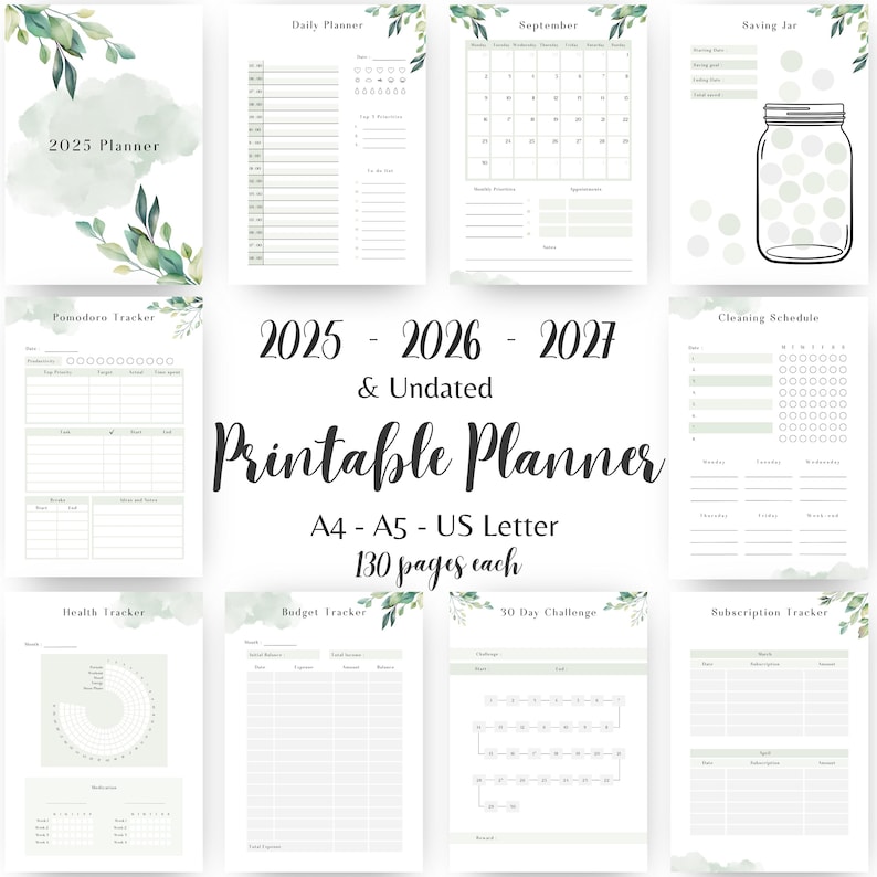 2024 2025 2026 Printable Planner Greenery Dated Undated, Green Leaves ...