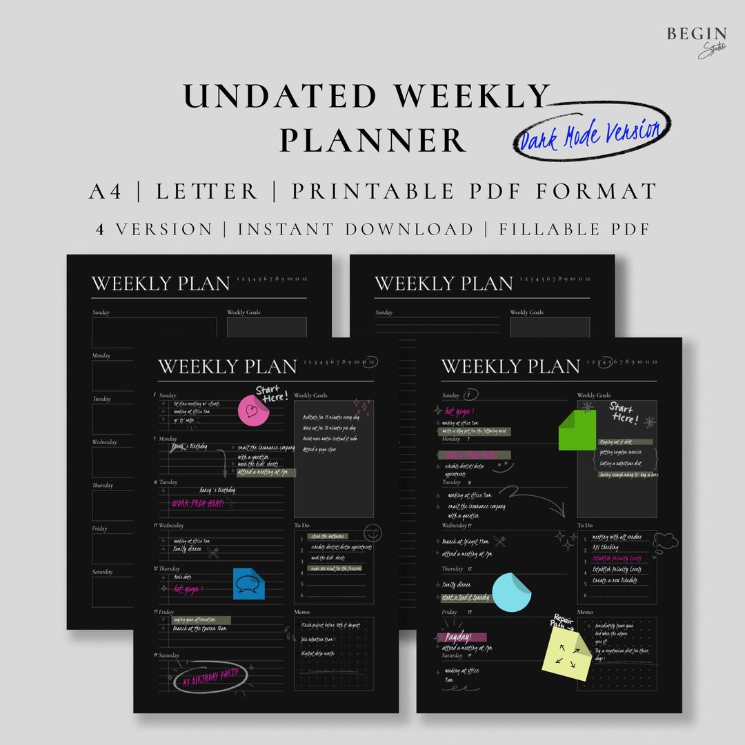 Undated Weekly Planner Printable Weekly Schedule A4 / - Etsy