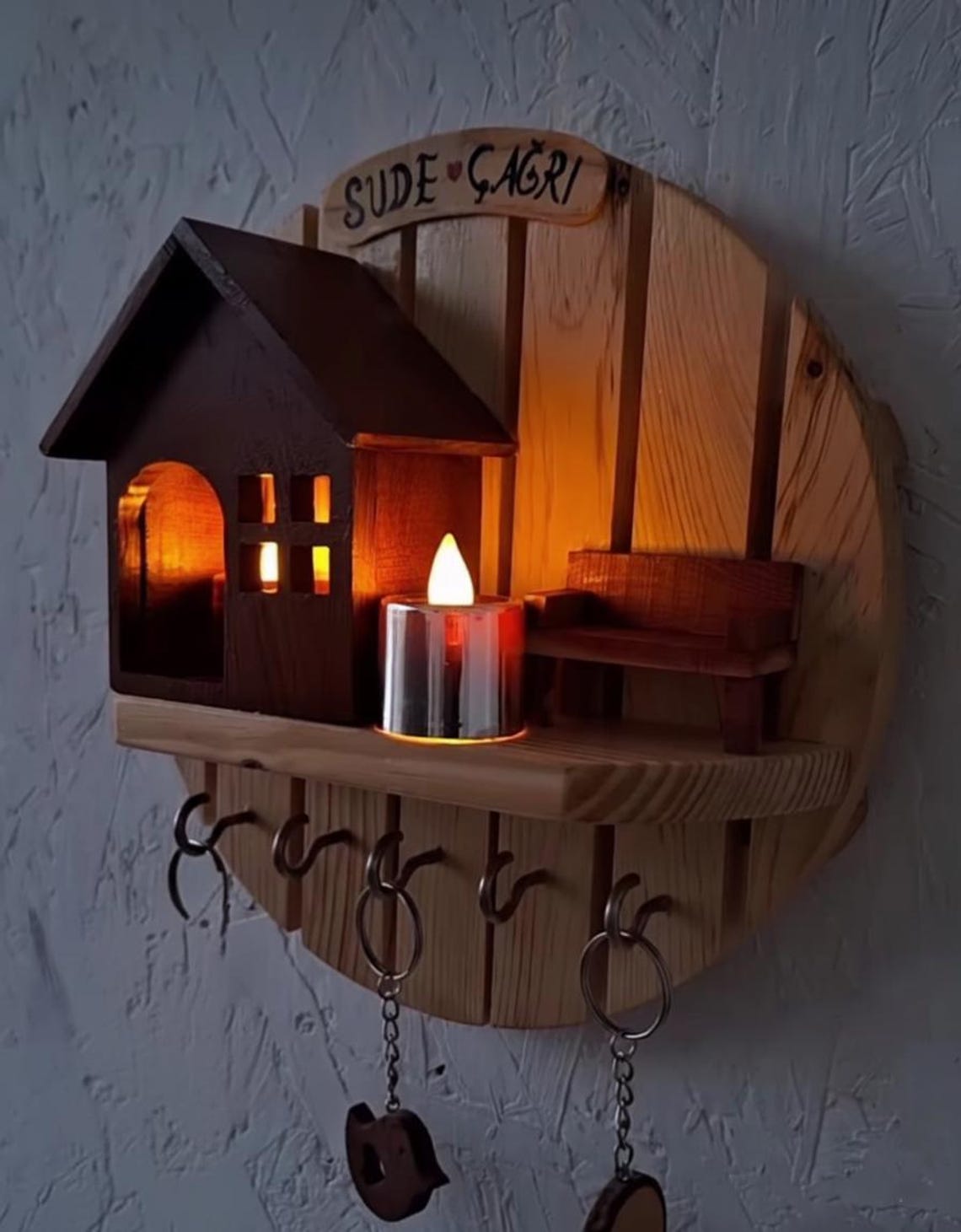 Personalized Wooden Key Holder With Shelf, Handmade House Design Key ...