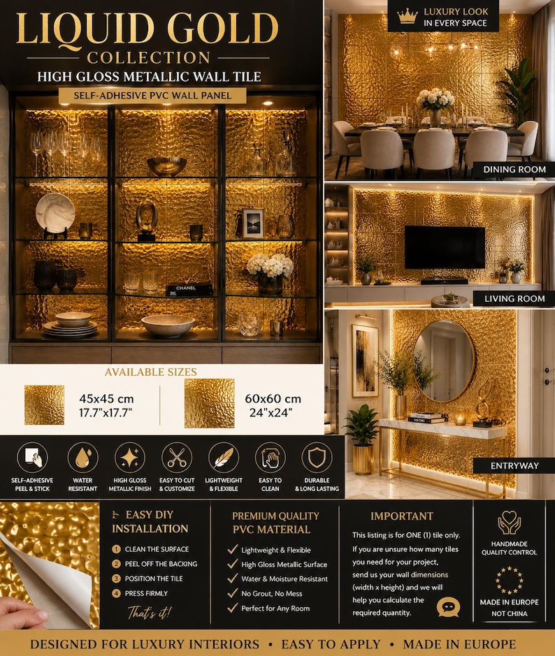 Luxury Gold Sequin Wall Tile, High Gloss Reflective Panel, Self ...