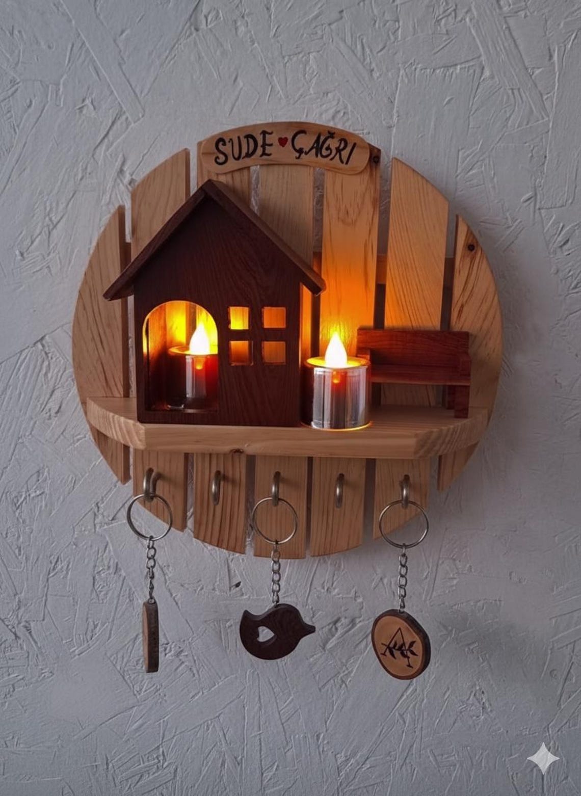 Personalized Wooden Key Holder With Shelf, Handmade House Design Key ...