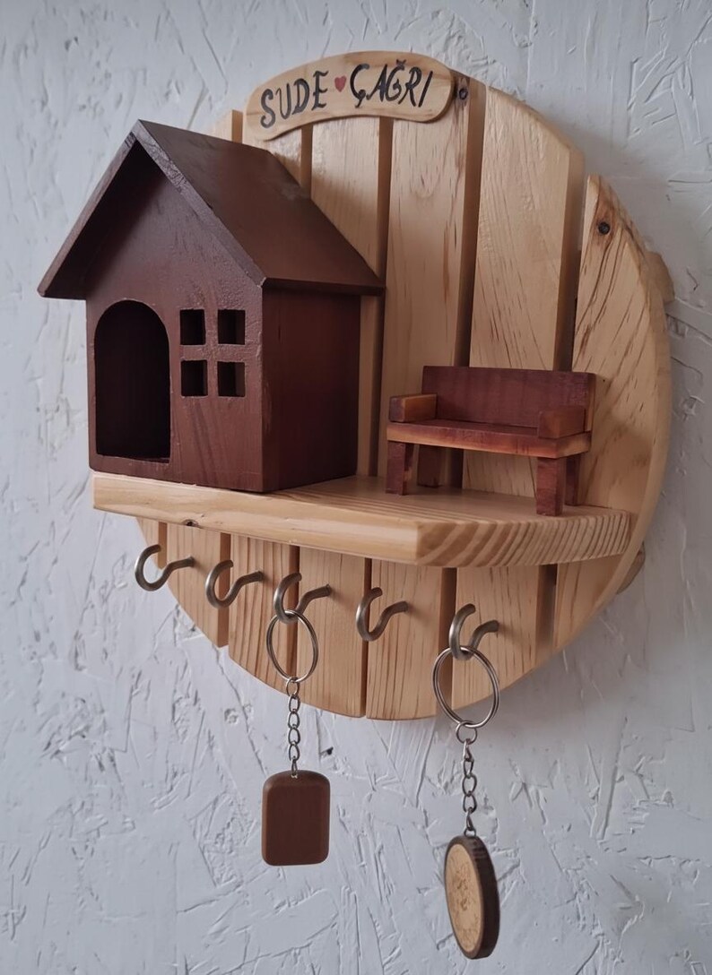 Personalized Wooden Key Holder With Shelf, Handmade House Design Key ...