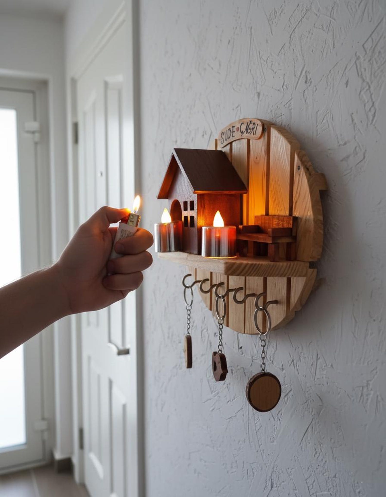 Personalized Wooden Key Holder With Shelf, Handmade House Design Key ...