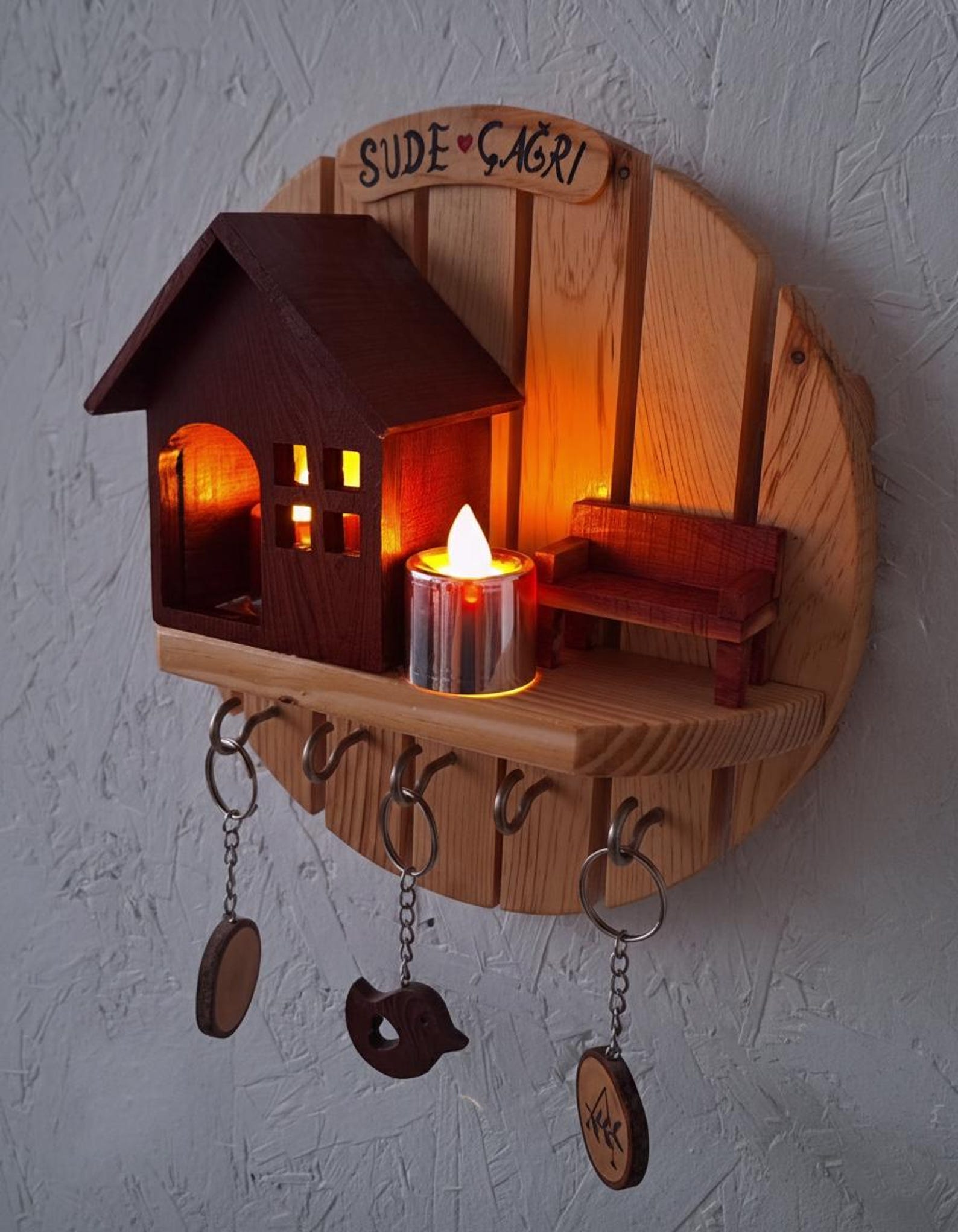 Personalized Wooden Key Holder With Shelf, Handmade House Design Key ...