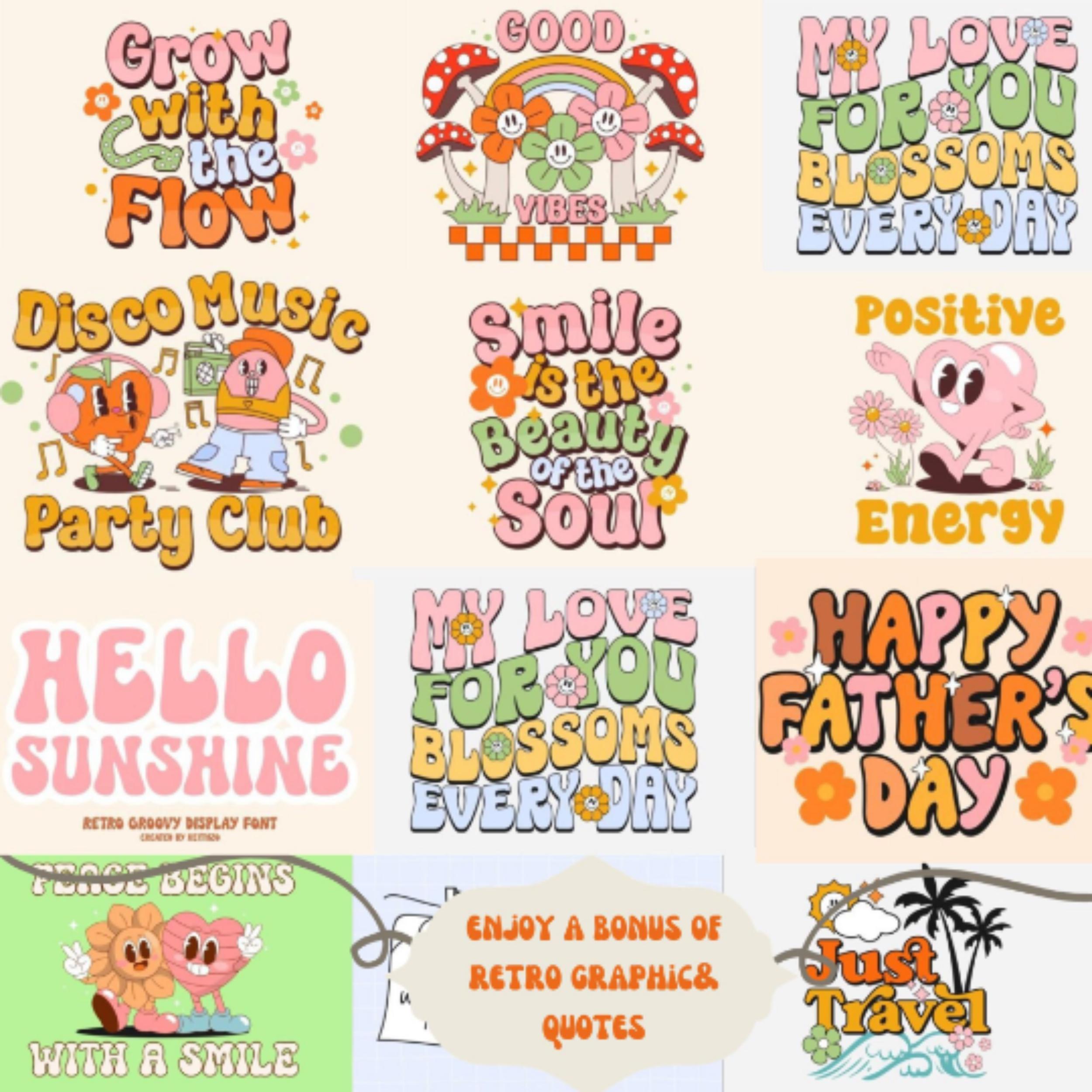 Retro Groovy Font Bundle,hippie Vibes Font Bundle,vintage,cricut Fonts ...