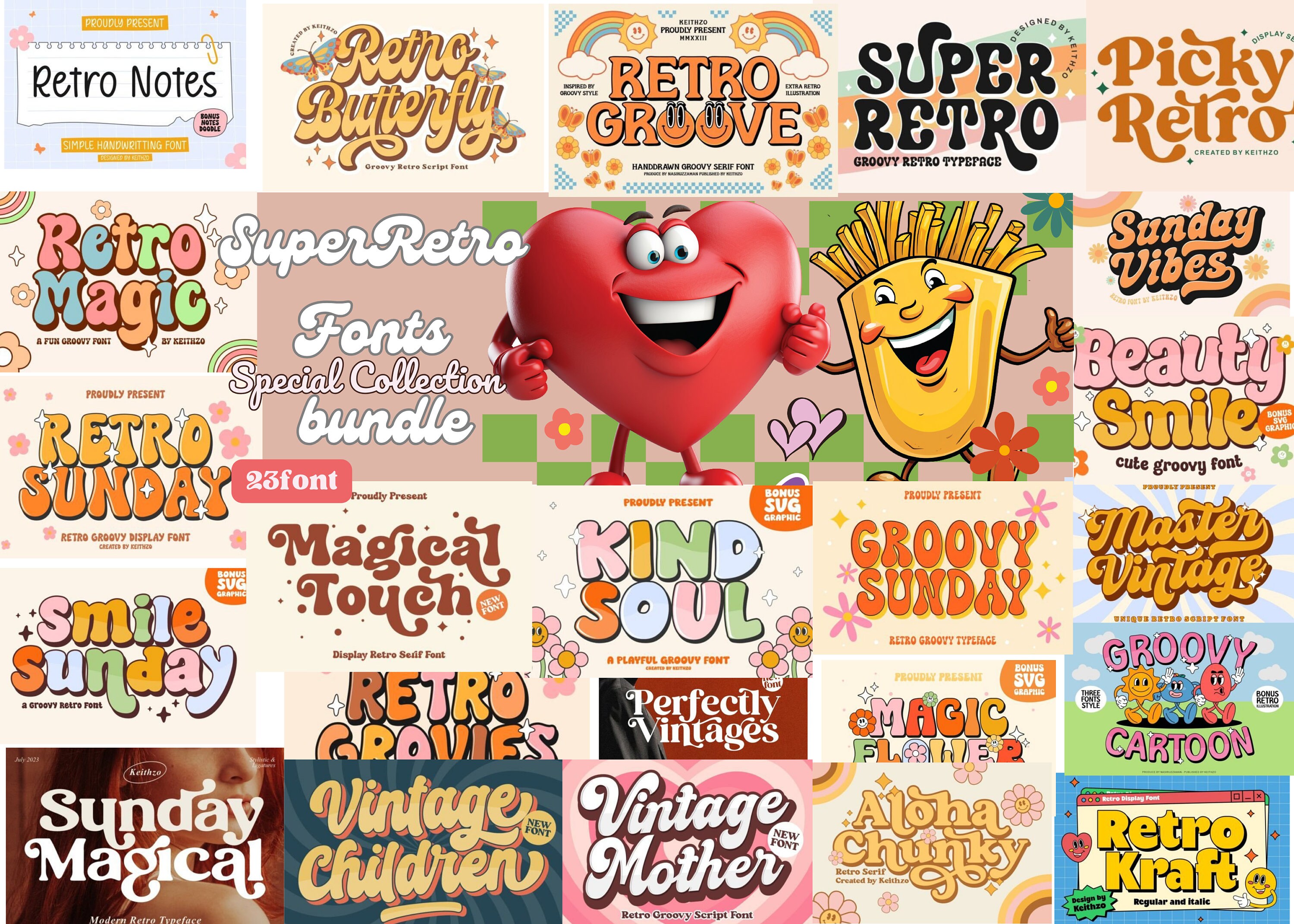 Retro Groovy Font Bundle,hippie Vibes Font Bundle,vintage,cricut Fonts ...