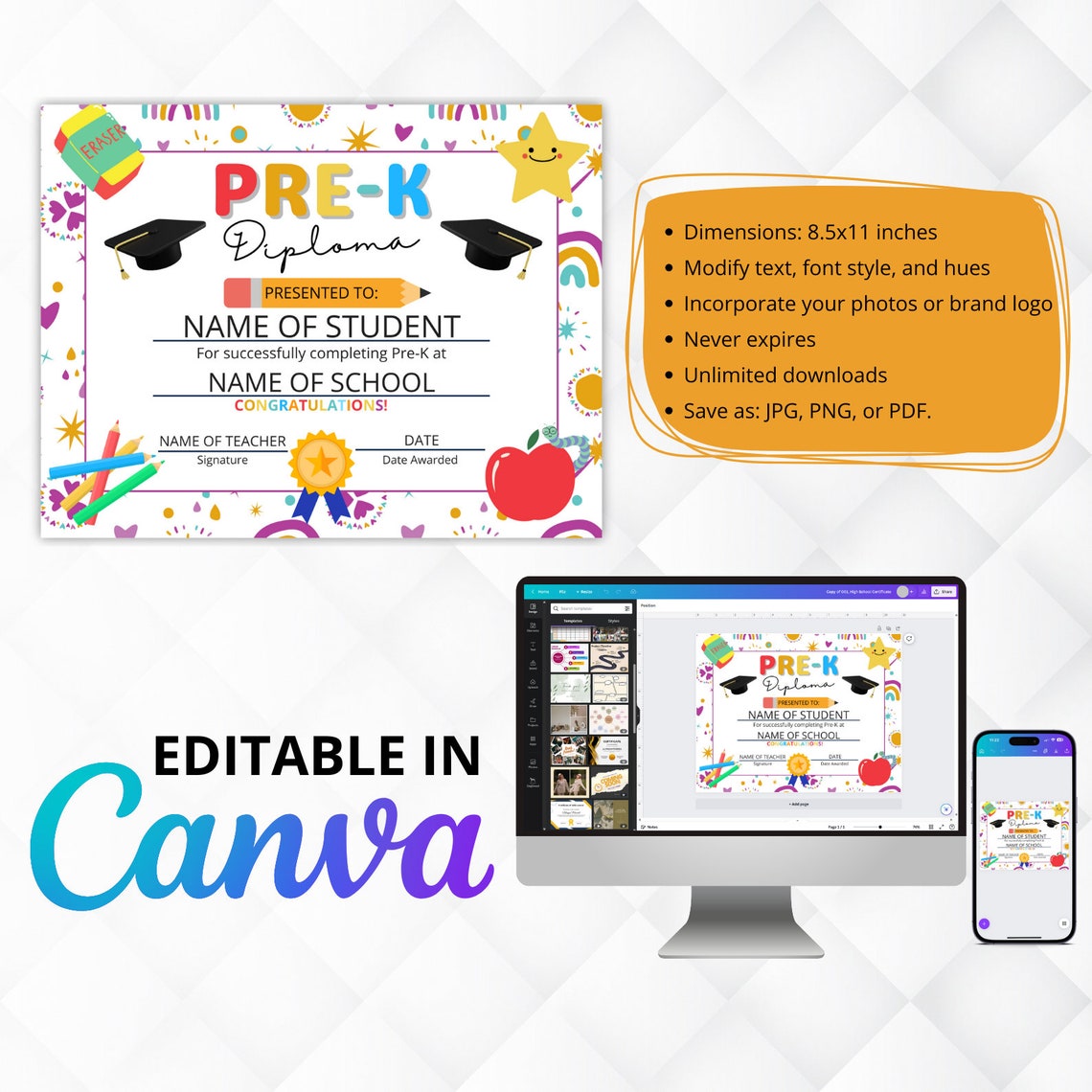 Pre-k Graduation Certificate, Preschool Graduate Diploma, Pre-k ...