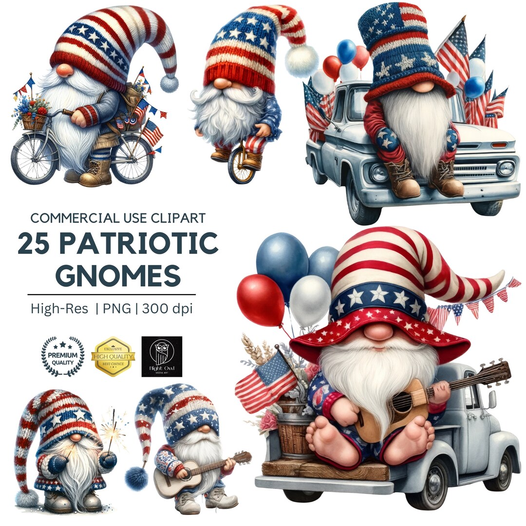 Watercolor 4th of July Gnome Clipart, 25 Patriotic Gnome Clip Art ...