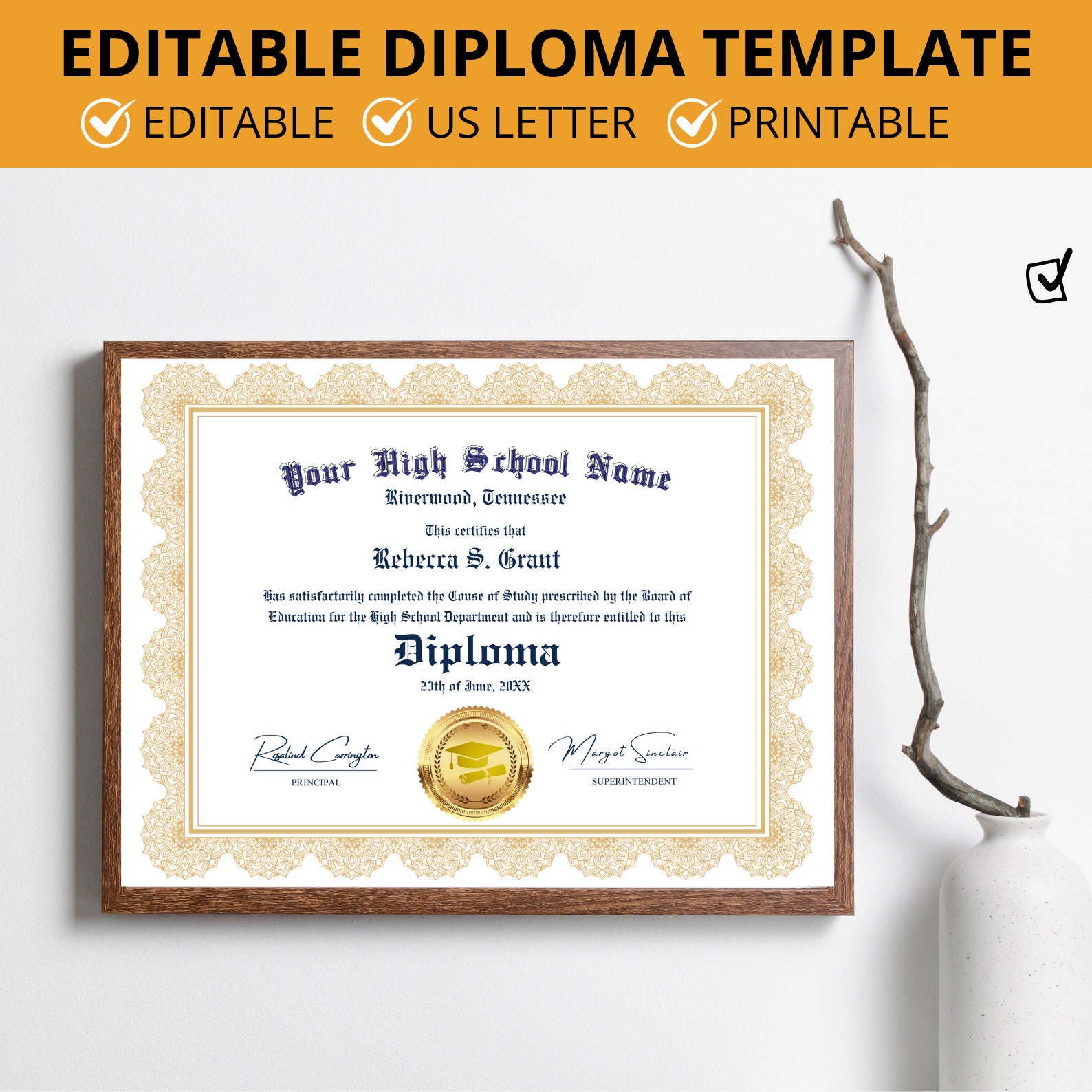 High School Diploma Template, Fake Diploma, GED Diploma, Printable ...