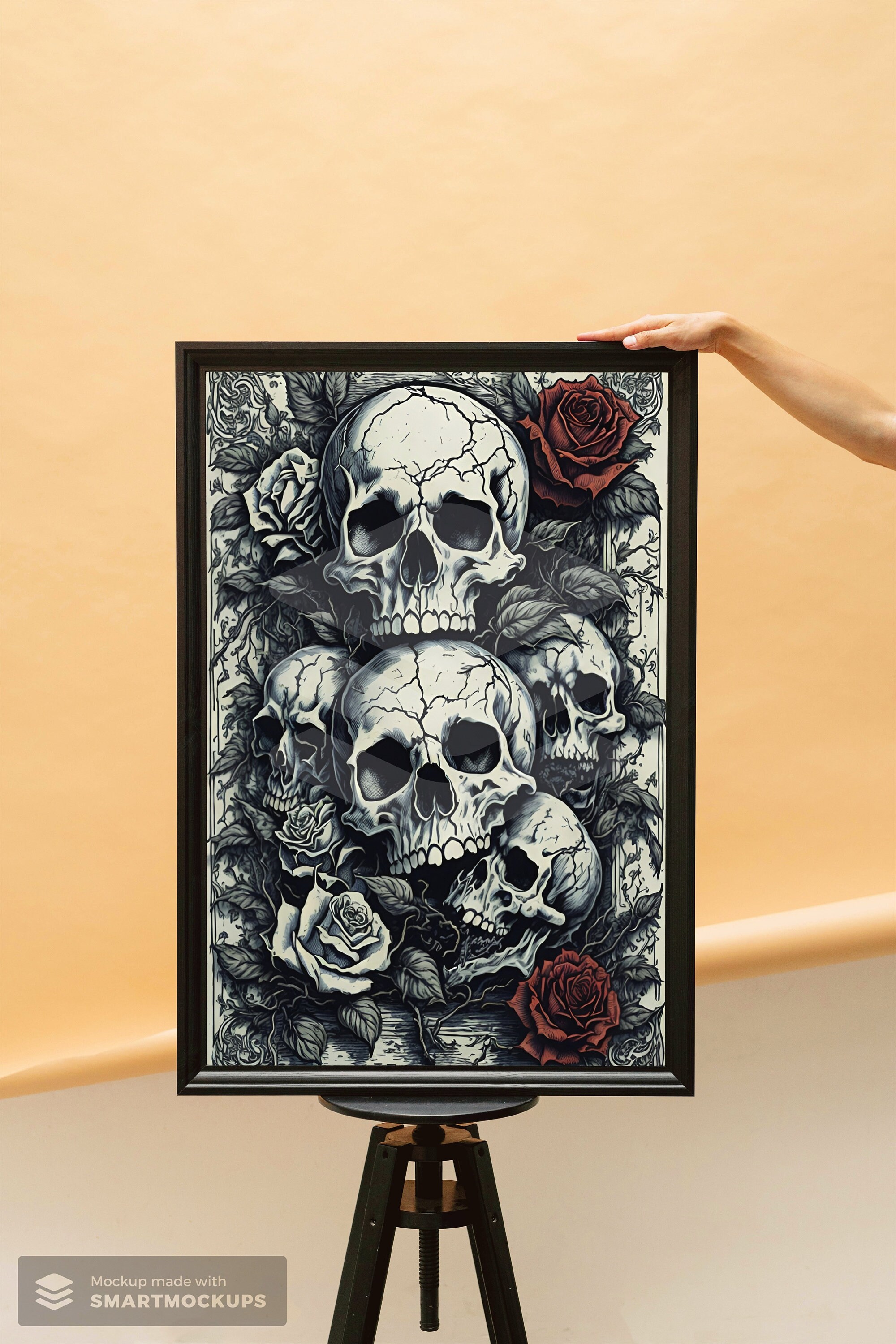 Skulls and Roses Vintage Sticker With Cross Hatch Inking Wall Art ...