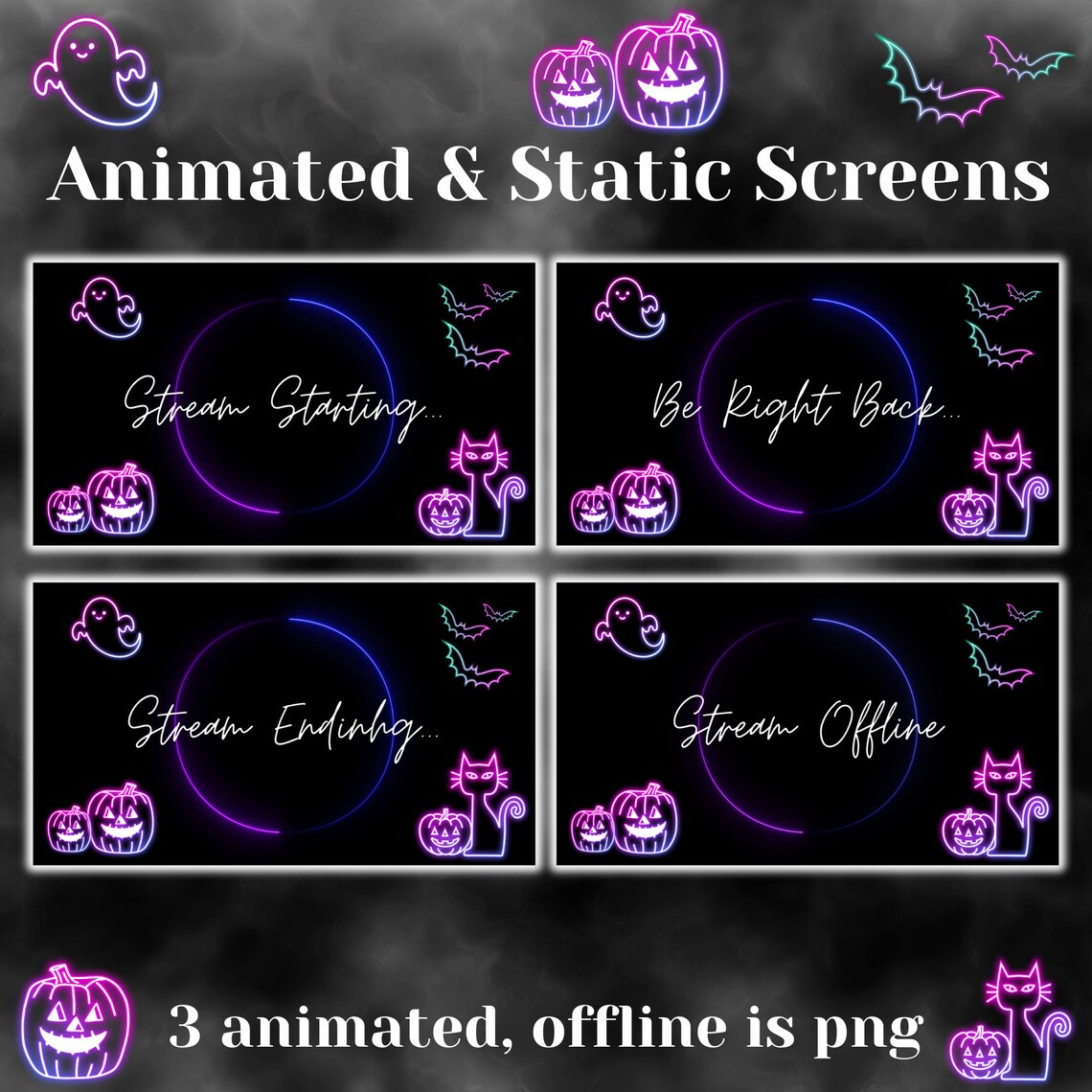 Cozy Neon Halloween Stream Overlay Package, Cute Animated Twitch ...