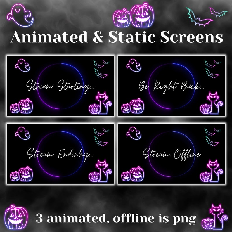 Cozy Neon Halloween Stream Overlay Package, Cute Animated Twitch ...
