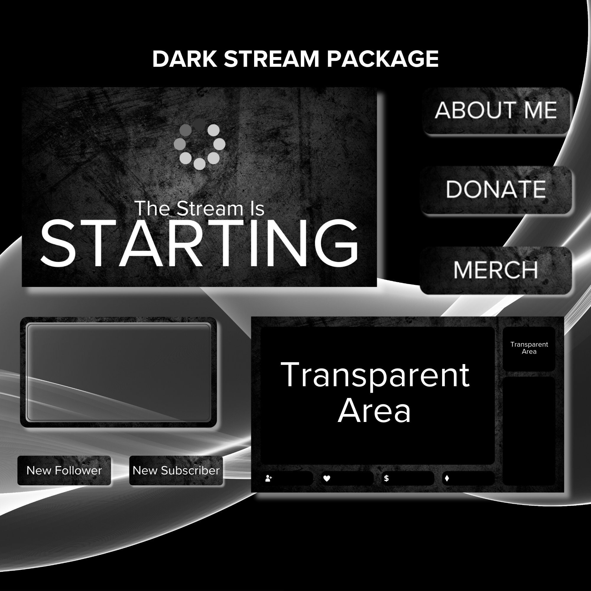 Dark Stream Overlay Package, Black Twitch Overlays, Black and White ...