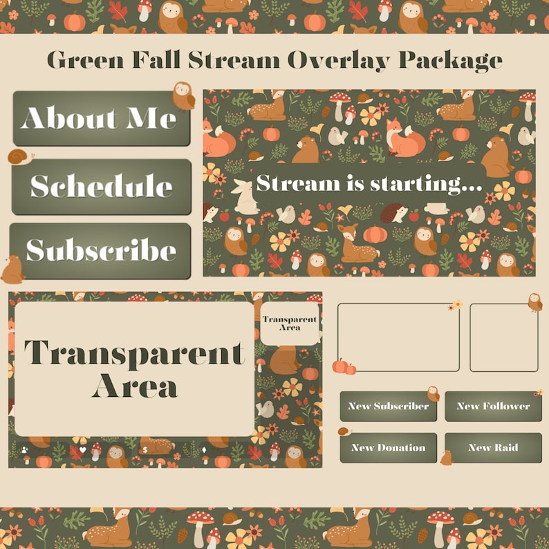 Cozy Green Autumn Twitch Overlay Package, Cute Fall Animated Stream ...