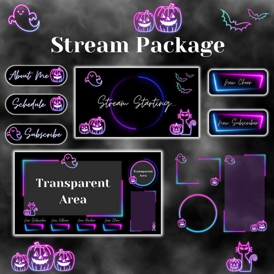 Cozy Neon Halloween Stream Overlay Package, Cute Animated Twitch ...