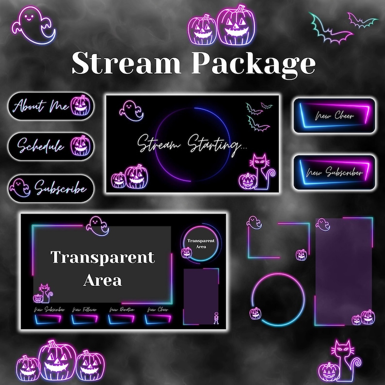 Cozy Neon Halloween Stream Overlay Package, Cute Animated Twitch ...