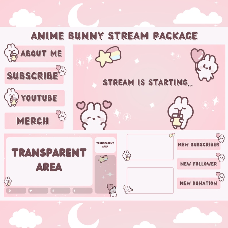 Pink Anime Bunny Twitch Overlay Package, Animated Lofi Stream Scenes ...