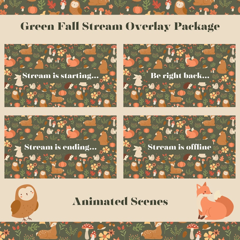 Cozy Green Autumn Twitch Overlay Package, Cute Fall Animated Stream Scenes, Panels, Webcam ...