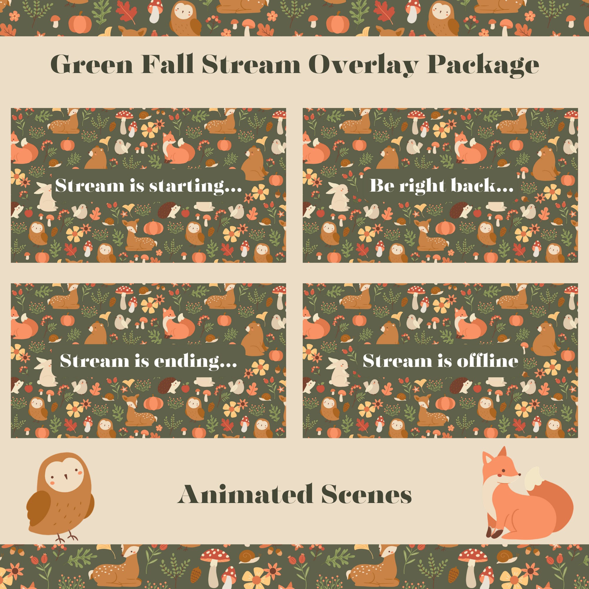 Cozy Green Autumn Twitch Overlay Package, Cute Fall Animated Stream ...